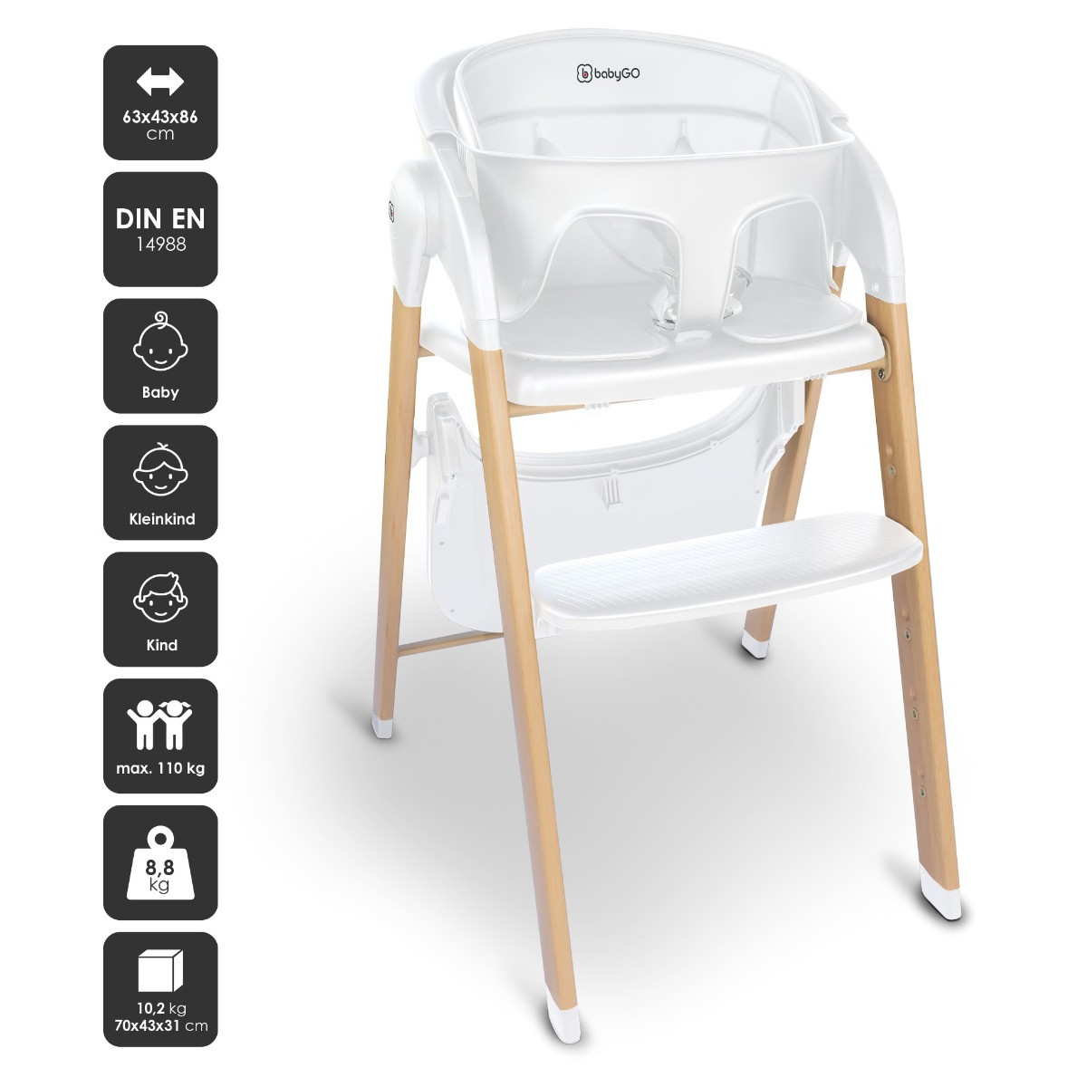 BabyGo Levels White Wood Kinderstoel | MamaLoes